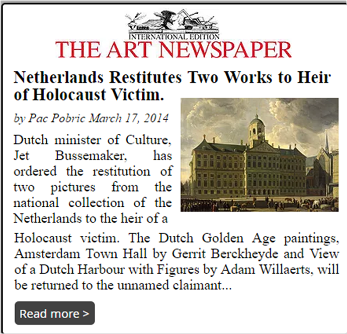 Netherlands Restitutes Two Works to Heir of Holocaust Victim. - Mondex